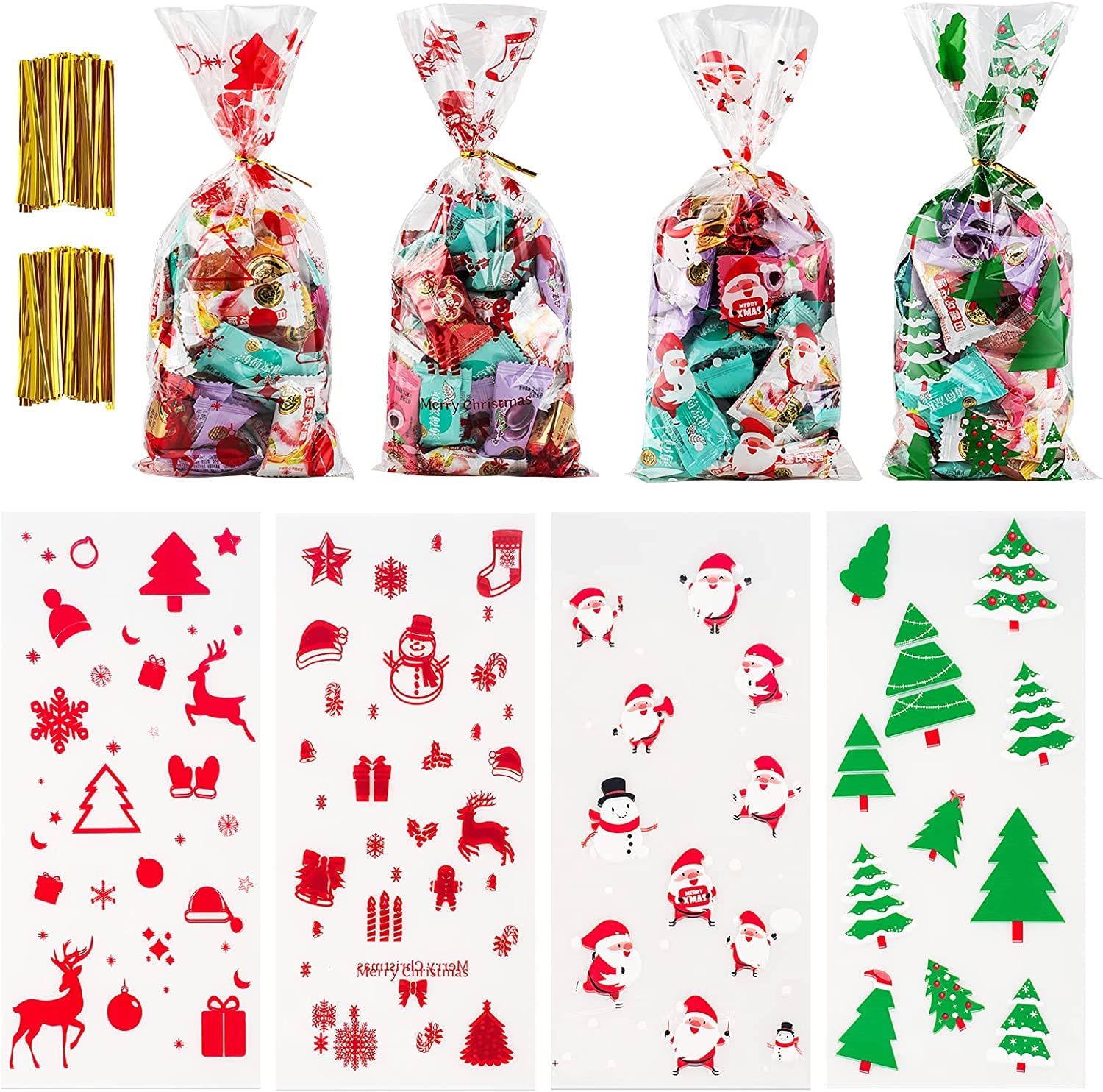 200 PCS Christmas Cellophane Goody Bags Assortment for Holiday Treats, Christmas Party Favors, Cello Candy Bags, Christmas Gifts, Party Supplies, Christmas Goodie Bags