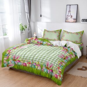 california king 4 piece bedding set spring green grassland lattice bunny ear easter egg,soft breathable duvet cover and pillowcase,pastoral rabbit plant washable bed sheets for dormitory guest room