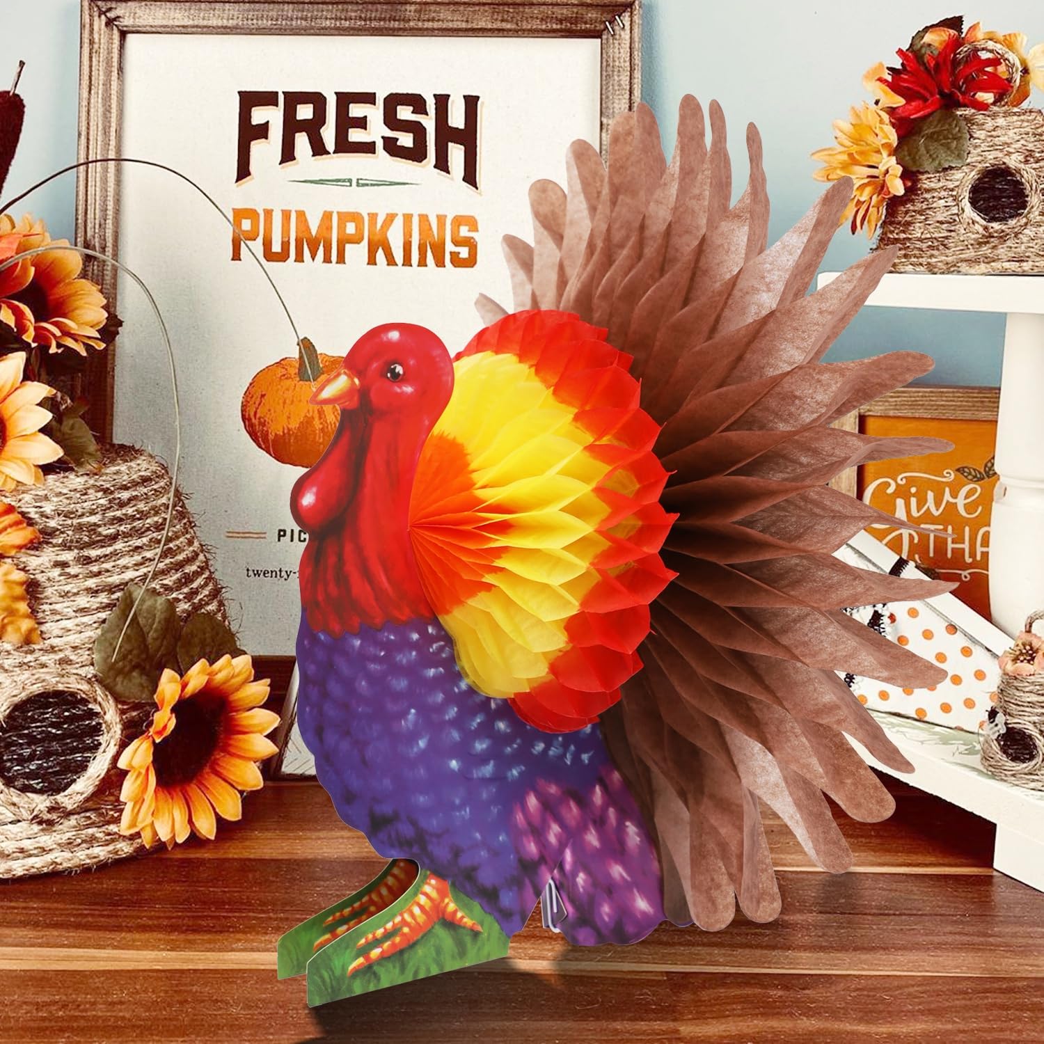 FORUP Thanksgiving Tissue Turkey Decorations, Thanksgiving Turkey Pumpkin Centerpiece Table Decoration with Artificial Maple Leaves for Thanksgiving Harvest Party Table Centerpiece Accessories