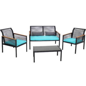 sunnydaze coachford 4-piece patio conversation furniture set - 1 loveseat, 2 chairs and 1 coffee table - thick blue cushions