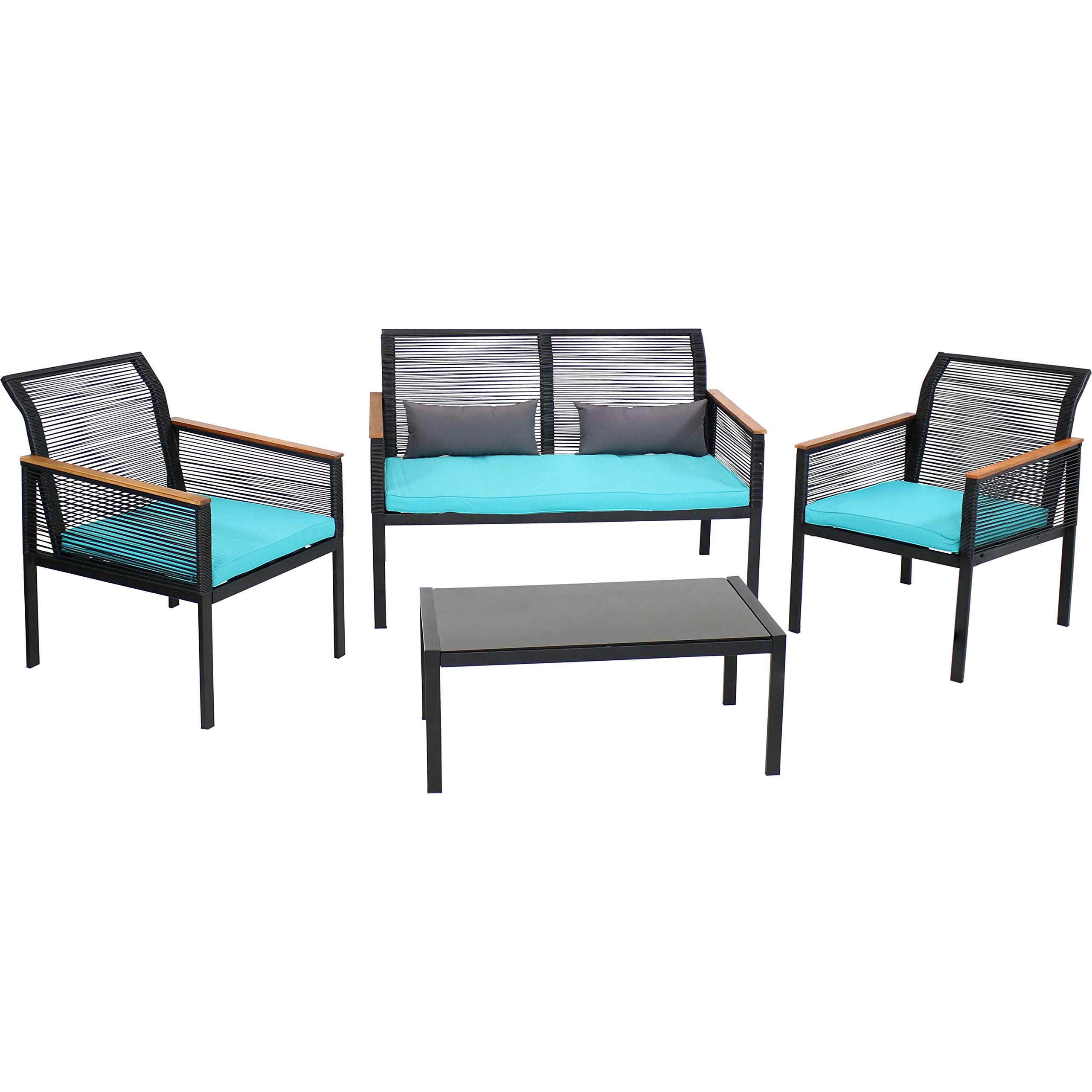 Sunnydaze Coachford 4-Piece Patio Conversation Furniture Set - 1 Loveseat, 2 Chairs and 1 Coffee Table - Thick Blue Cushions