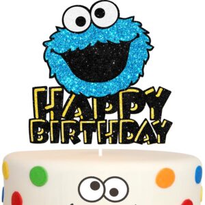 cookie monster happy birthday cake topper - blue glitter happy birthday - birthday party cartoon decorations supplies - cake decoration for girls or boys