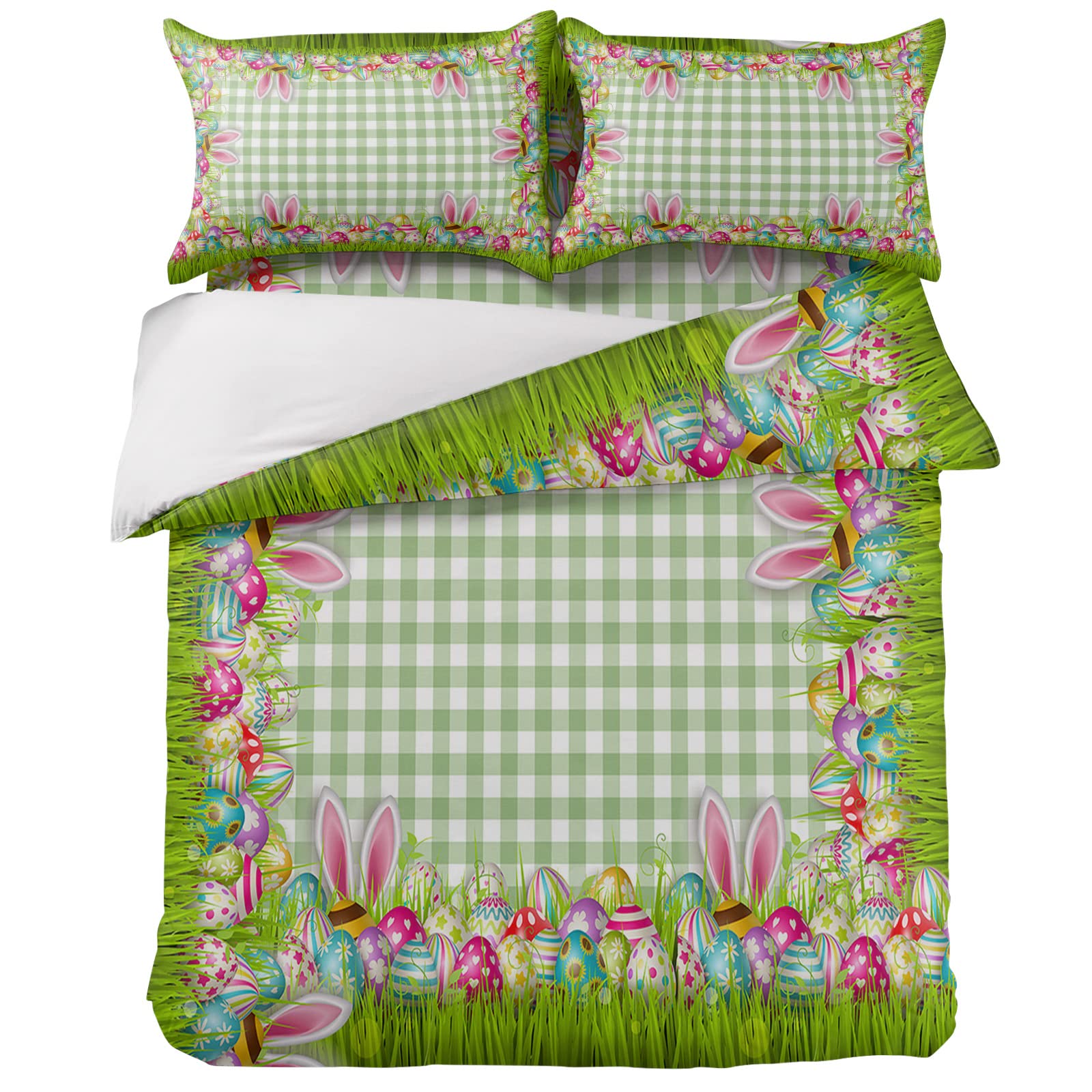 California King 4 Piece Bedding Set Spring Green Grassland Lattice Bunny Ear Easter Egg,Soft Breathable Duvet Cover and Pillowcase,Pastoral Rabbit Plant Washable Bed Sheets for Dormitory Guest Room