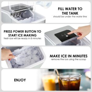 JALANTEK Counter top Ice Maker Machine with Self-Cleaning, 9 Ice Cubes Ready in 8 Minutes, 26lbs Bullet Ice Cubes in 24H, with Ice Scoop and Basket. Perfect for Home/Kitchen/Office.(Sliver)