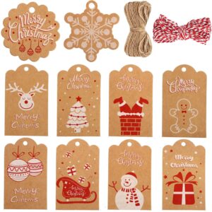 veylin 100pcs christmas kraft paper gift tags with ribbon, xmas holiday present wrap card for christmas party favor