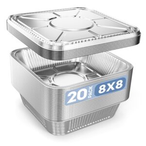 dobi 8x8 aluminum foil pans with lids (20 pack) - 8 inch disposable square baking pans with foil lids - tins for cake, casserole, lasagna, meatloaf, or brownie. standrad size: 8" x 8" x 1.75"