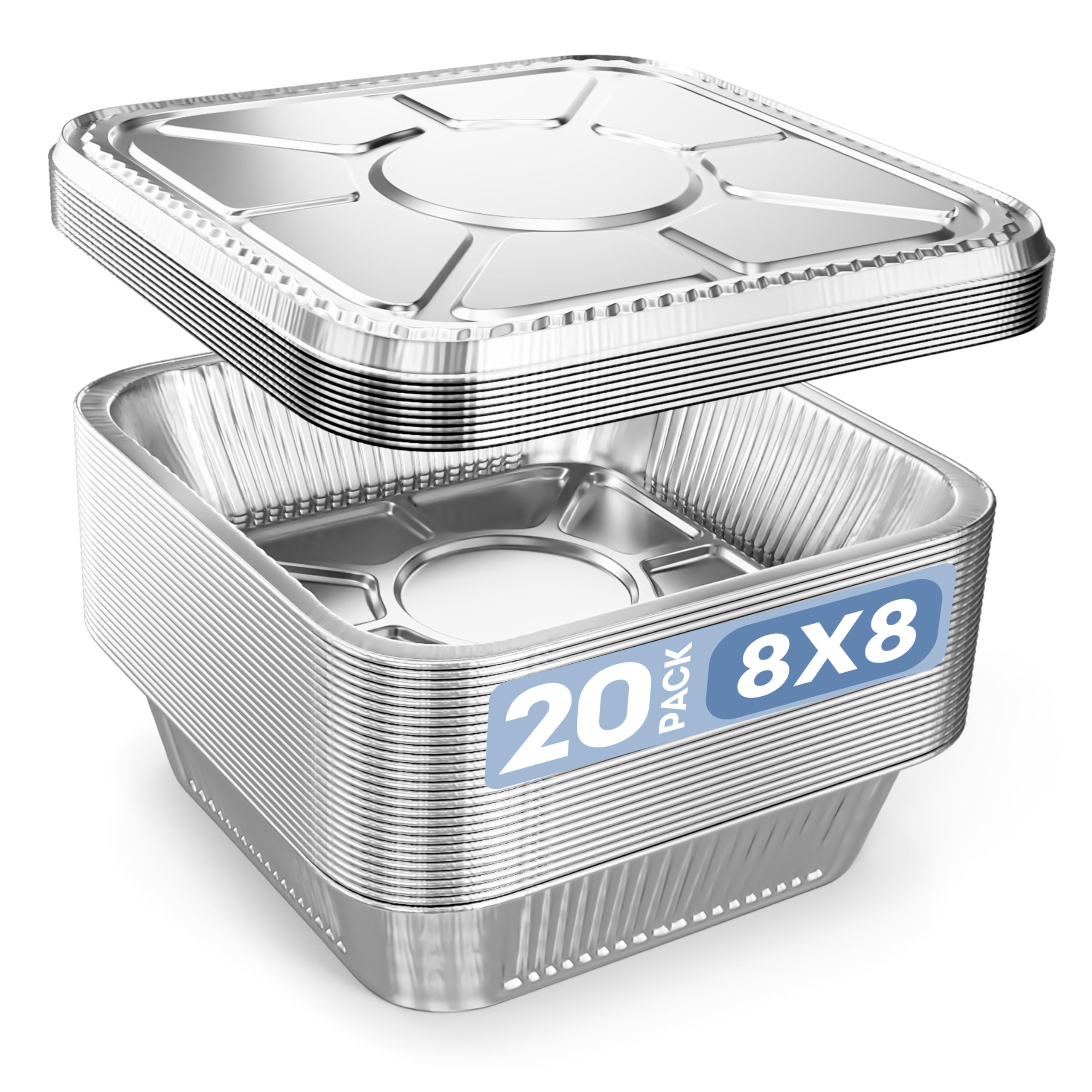 DOBI 8x8 Aluminum Foil Pans With Lids (20 Pack) - 8 Inch Disposable Square Baking Pans with Foil Lids - Tins for Cake, Casserole, Lasagna, Meatloaf, or Brownie. Standrad Size: 8" x 8" x 1.75"