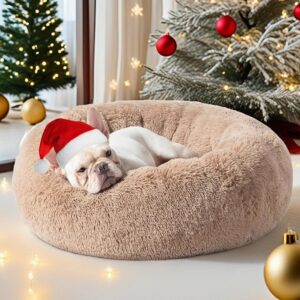 bedsure calming dog bed for medium dogs - donut washable medium pet bed, 30 inches anti-slip round fluffy plush faux fur cat bed, fits up to 45 lbs pets, camel