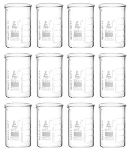 eisco 12pk heavy duty beakers, 50ml - 5mm thick, uniform walls - superior durability & chemical resistance - white graduations - borosilicate 3.3 glass