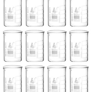 EISCO 12PK Heavy Duty Beakers, 50ml - 5mm Thick, Uniform Walls - Superior Durability & Chemical Resistance - White Graduations - Borosilicate 3.3 Glass