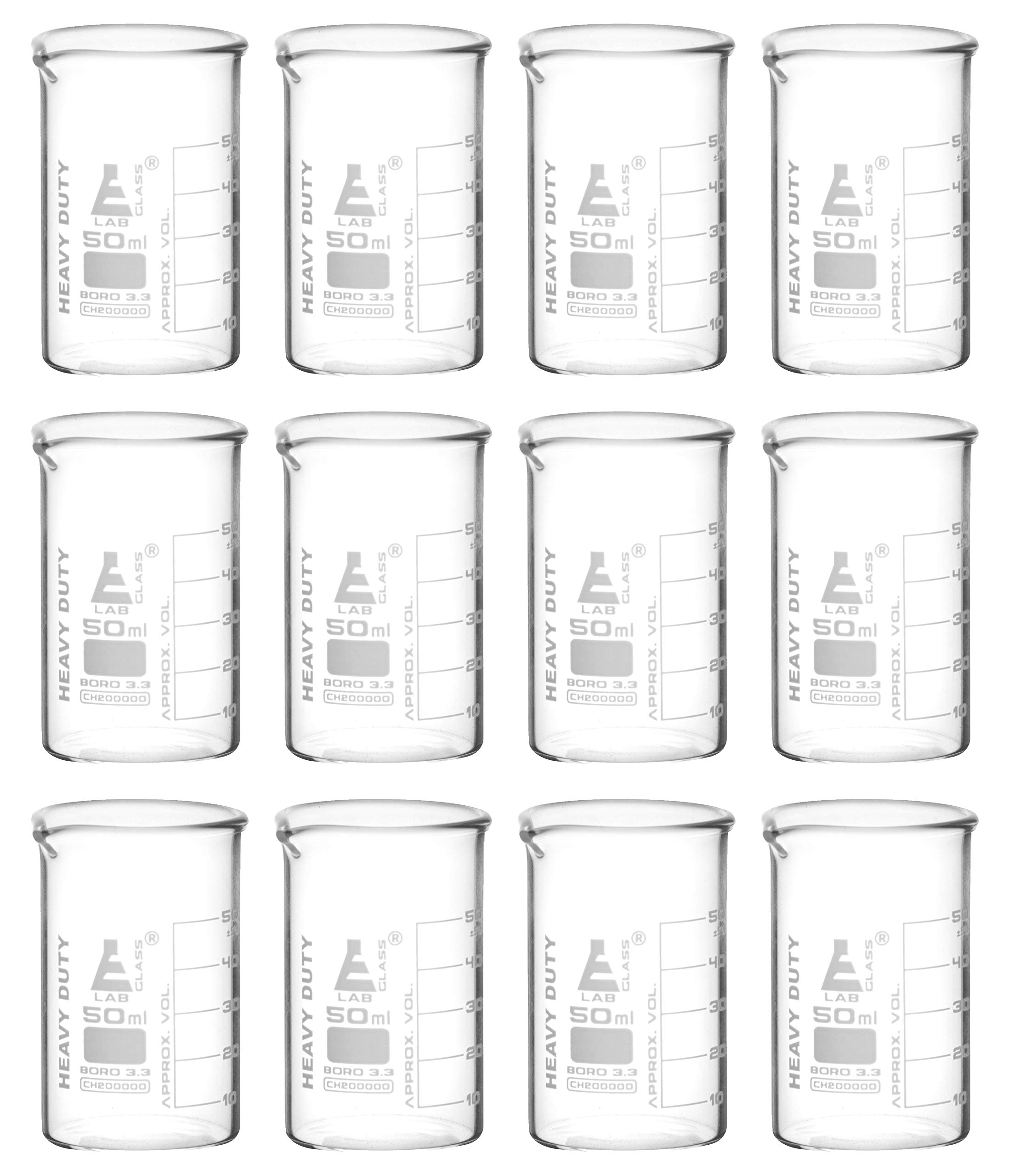 EISCO 12PK Heavy Duty Beakers, 50ml - 5mm Thick, Uniform Walls - Superior Durability & Chemical Resistance - White Graduations - Borosilicate 3.3 Glass