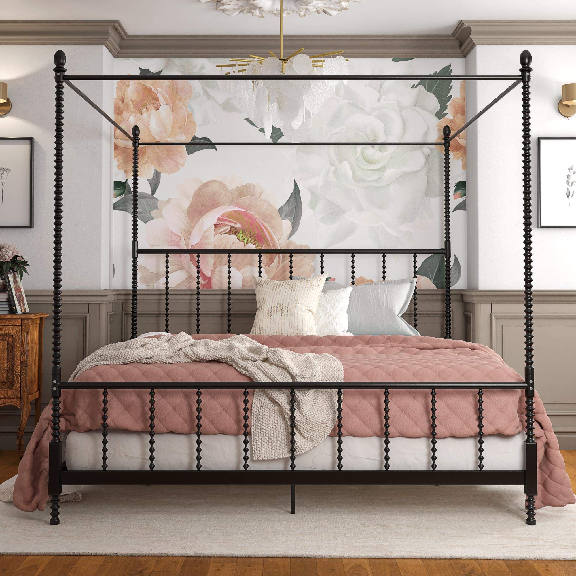 Pemberly Row King Size Canopy Bed with Headboard, Footboard, Metal Slats in Metal, in Black, No Box Spring Needed, Easy Assembly