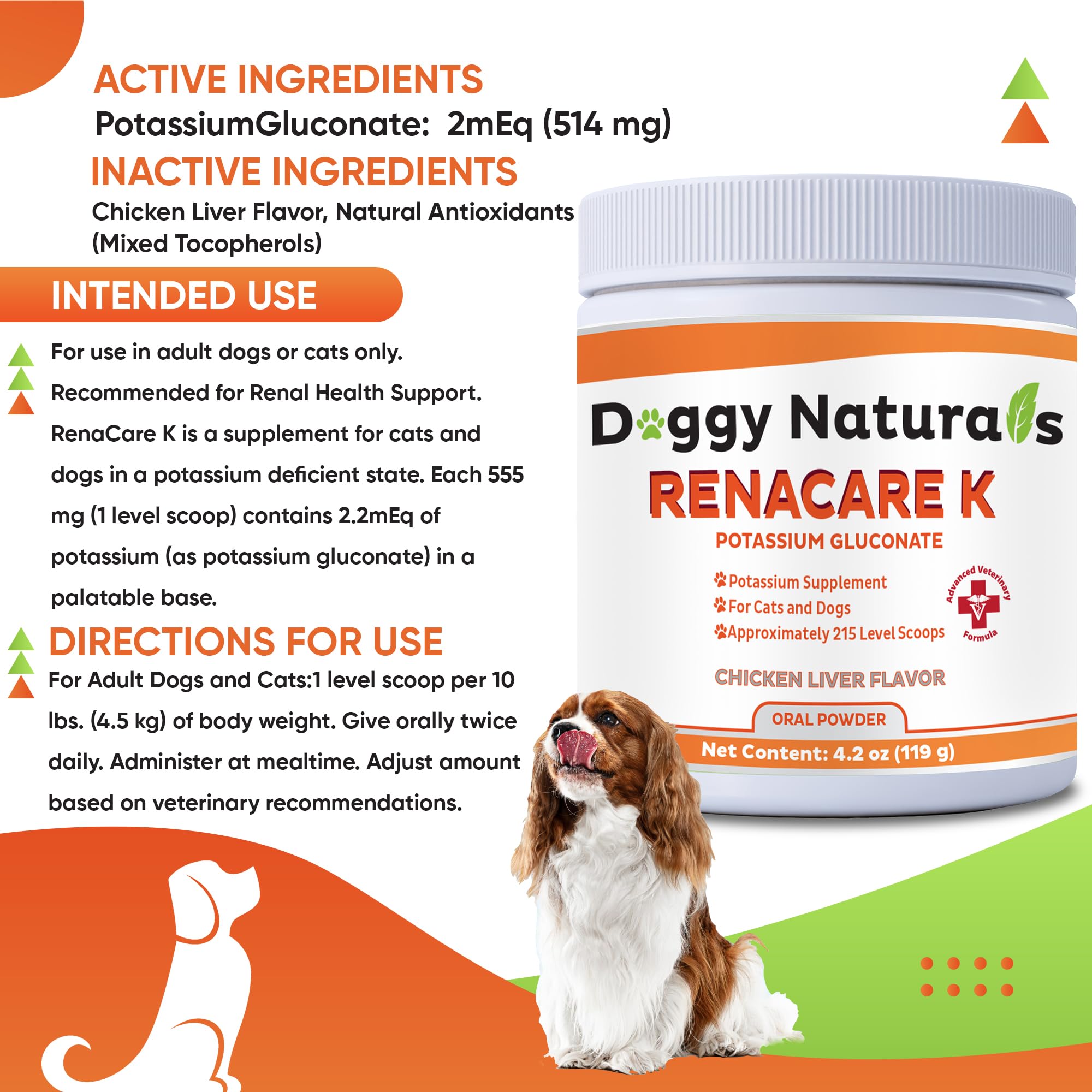 RenaCare K is for Renal K (Potassium Gluconate) Potassium Supplement Powder for Dogs and Cats, (4 oz) with Chicken Liver Flavor - 215 Level Scoop (Made is U.S.A)