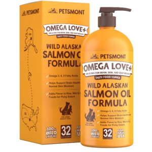 Petsmont Omega Love+ Wild Alaskan Salmon Oil for Dogs Formula 32 oz - Fish Omega Liquid Pump Cats Supports Joint Function Immune Heart Health Food Supplement Pets Natural EPA DHA Fatty Acids