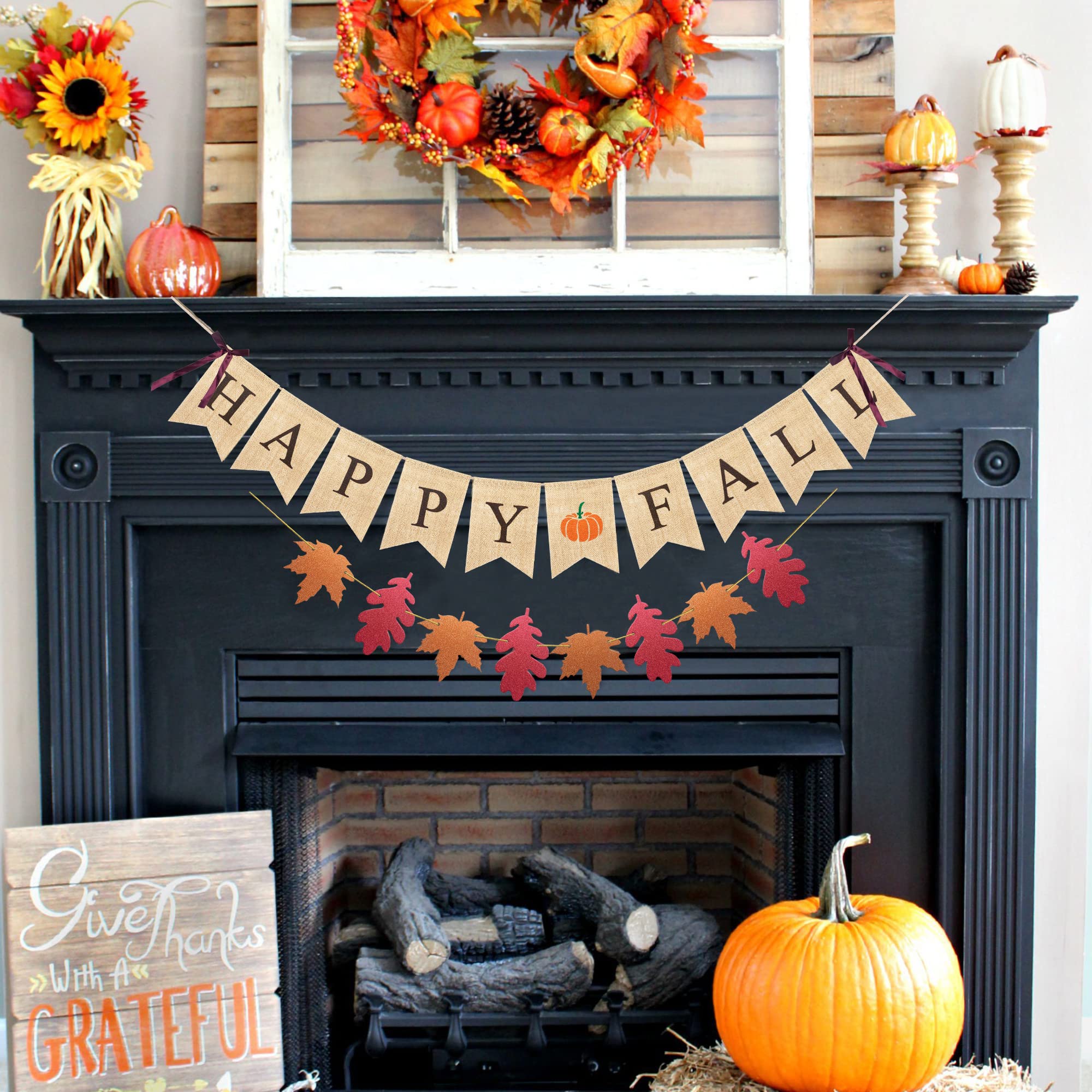 Uniwish Happy Fall Banner with Pumpkin Maple Leaves Sign Garland Fall Thanksgiving Day Decorations Mantle Fireplace Hanging Bunting