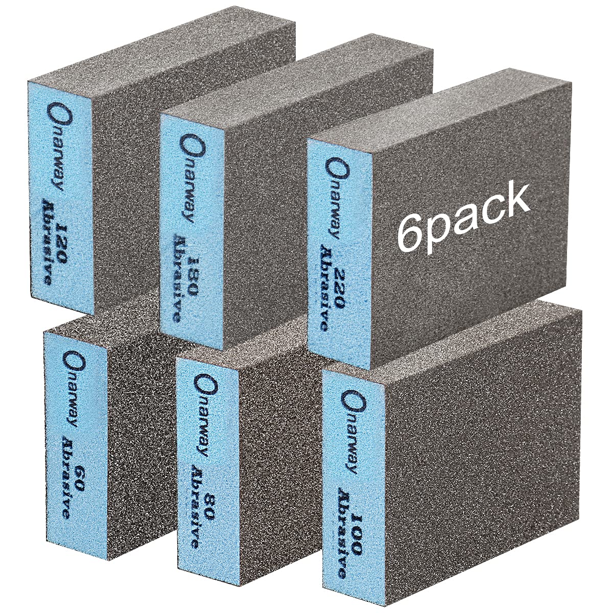 Onarway Sanding Blocks 6 Pack Wet and Dry Dual-use Sanding Sponges, Coarse and Fine - 60/80/100/120/180/220 Grits 6 Different Specifications, Washable and Reusable, Ideal for Wood Metal Wall Polish