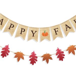 Uniwish Happy Fall Banner with Pumpkin Maple Leaves Sign Garland Fall Thanksgiving Day Decorations Mantle Fireplace Hanging Bunting