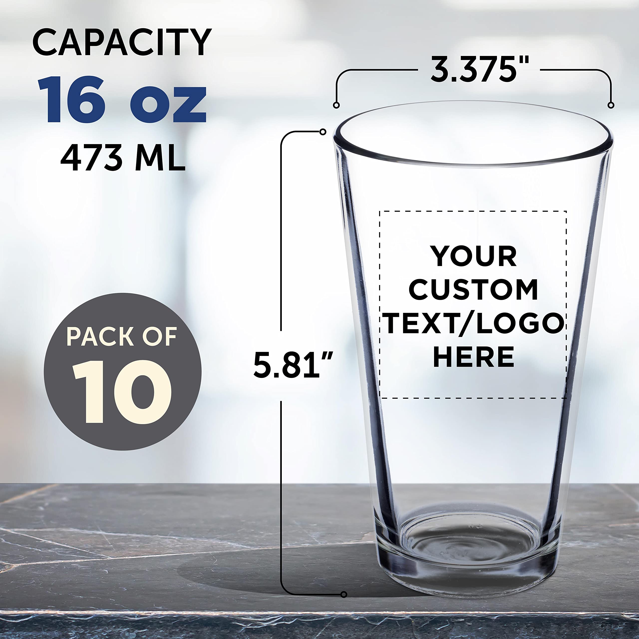 DISCOUNT PROMOS Custom Beer Pint Glasses 16 oz. Set of 10, Personalized Bulk Pack - Heavy Duty Glassware for Restaurant, Thick Base and Walls, Stackable - Clear