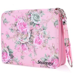 shulaner 120 slots colored pencil case with zipper closure large capacity pink rose oxford pen organizer flower pencil holder