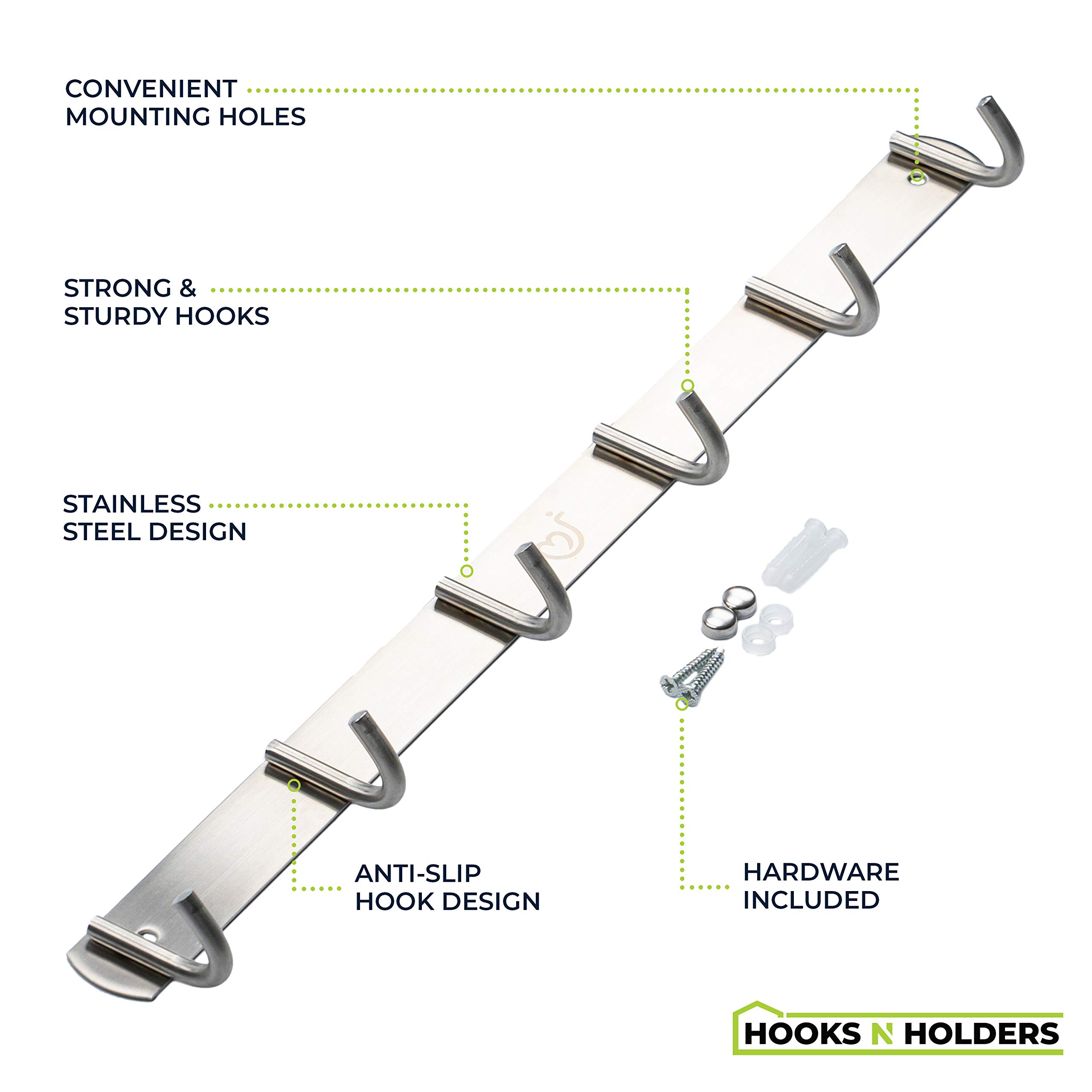 Wall Mounted Coat Rack 12 Brush Nickel Hooks for Holding Coats, Hats, Towels, and More; Easy to Install with Included mounting Hardware; Made of Heavy-Duty Stainless Steel; Hooks N Holders Warranty