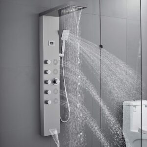 MENATT Shower Panel Tower System, SUS304 Stainless Steel 5-IN-1 Shower Column with 4 Body Massage Jets, Rainfall & Waterfall Shower, Handheld Shower, Bathtub Spout