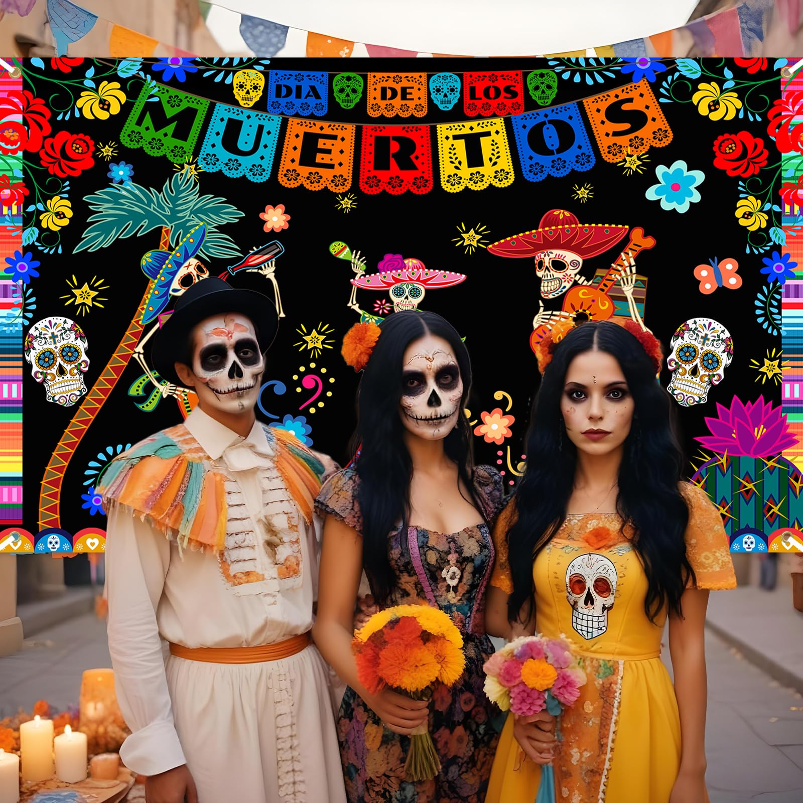 Avezano Day of The Dead Backdrop，70.8 x 43.3 Inch Mexican Dia DE Los Muertos Party Banner, Fiesta Sugar Skull Day of The Dead Banner Party Decorations Supplies