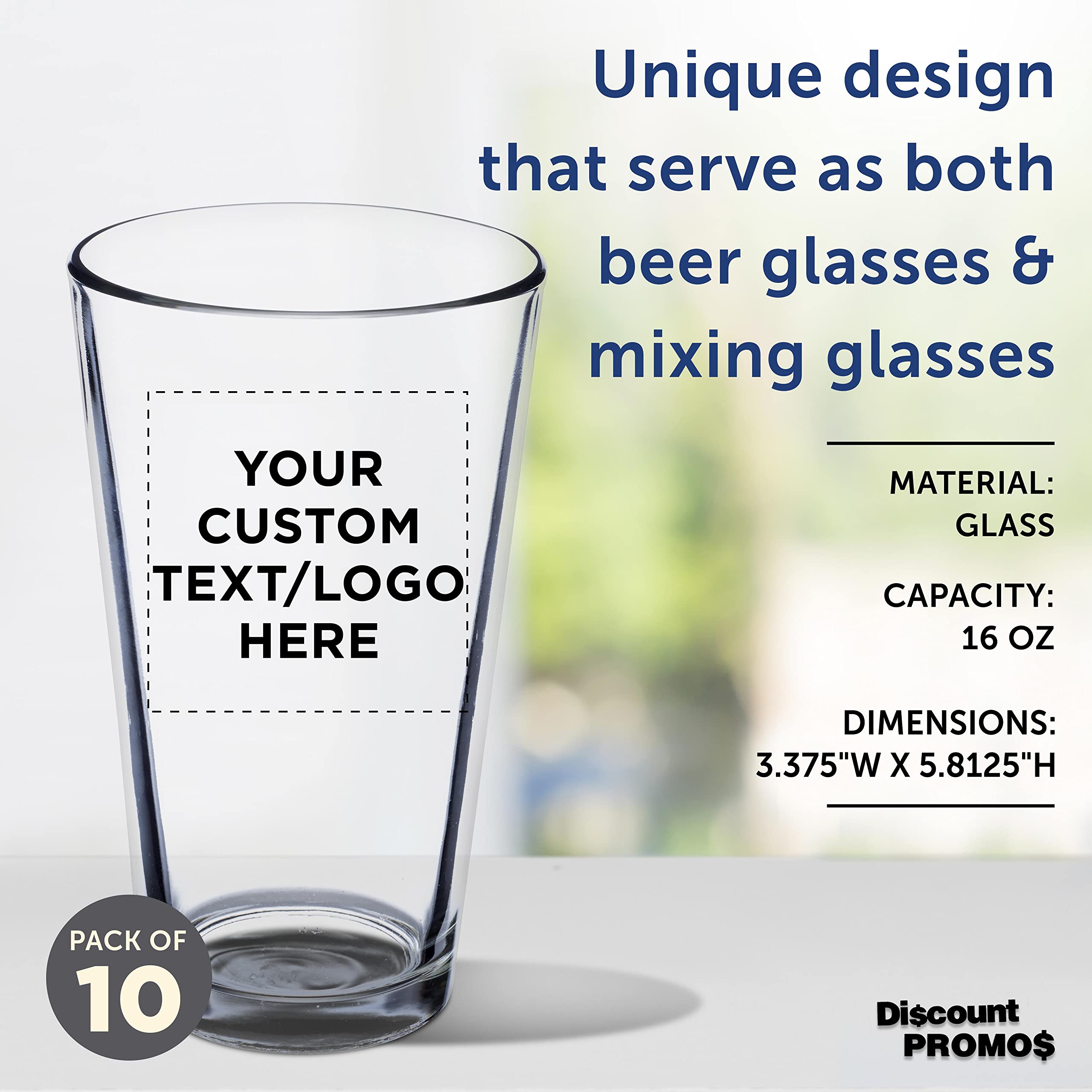 DISCOUNT PROMOS Custom Beer Pint Glasses 16 oz. Set of 10, Personalized Bulk Pack - Heavy Duty Glassware for Restaurant, Thick Base and Walls, Stackable - Clear