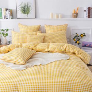 FADFAY Yellow Plaid Duvet Cover Set Twin XL 100% Cotton Soft Grid Bedding Reversible Gingham Checker Bedding with Zipper Closure 3Pcs, 1Duvet Cover & 2Pillowcases,Twin Extra Long Size for Dorm Room