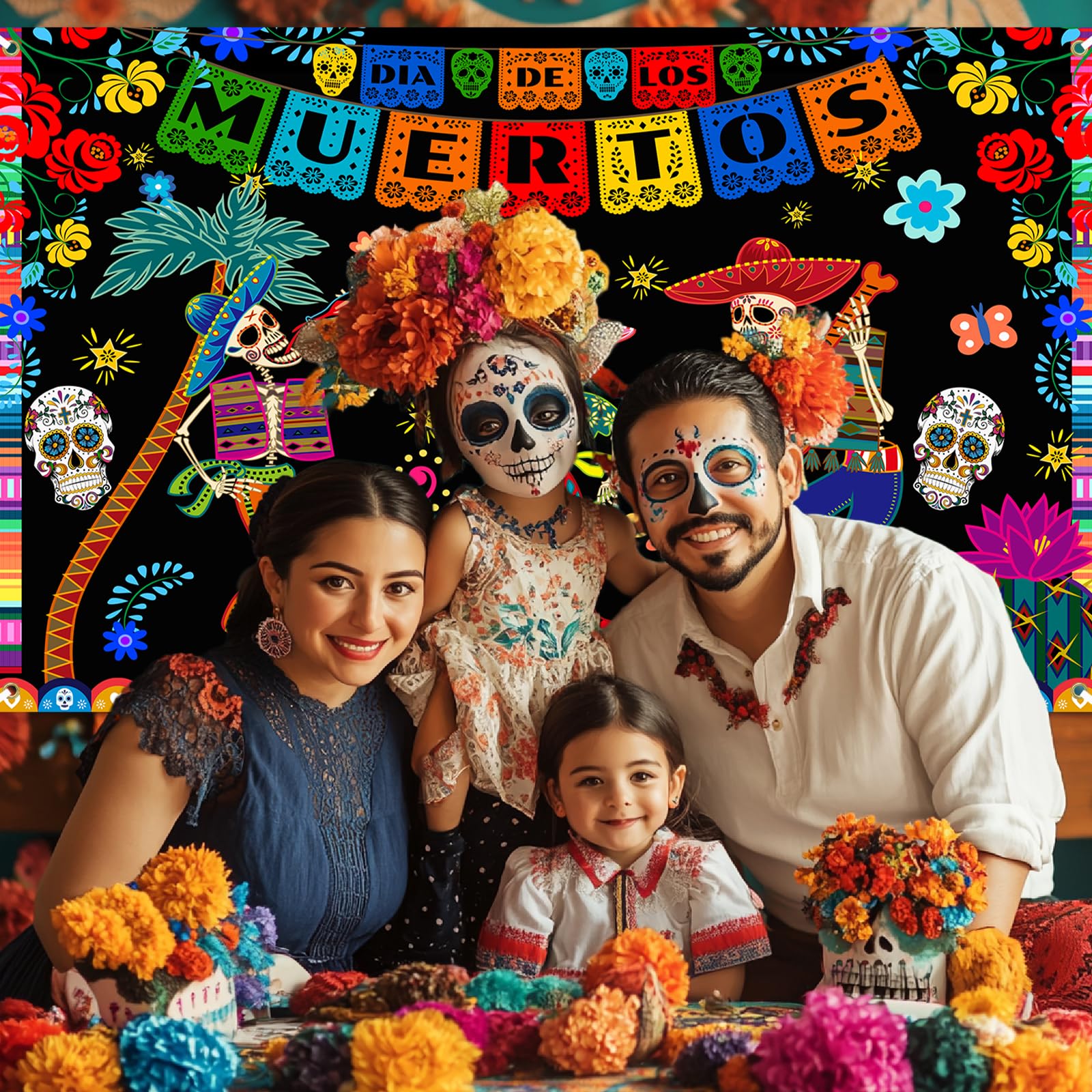 Avezano Day of The Dead Backdrop，70.8 x 43.3 Inch Mexican Dia DE Los Muertos Party Banner, Fiesta Sugar Skull Day of The Dead Banner Party Decorations Supplies