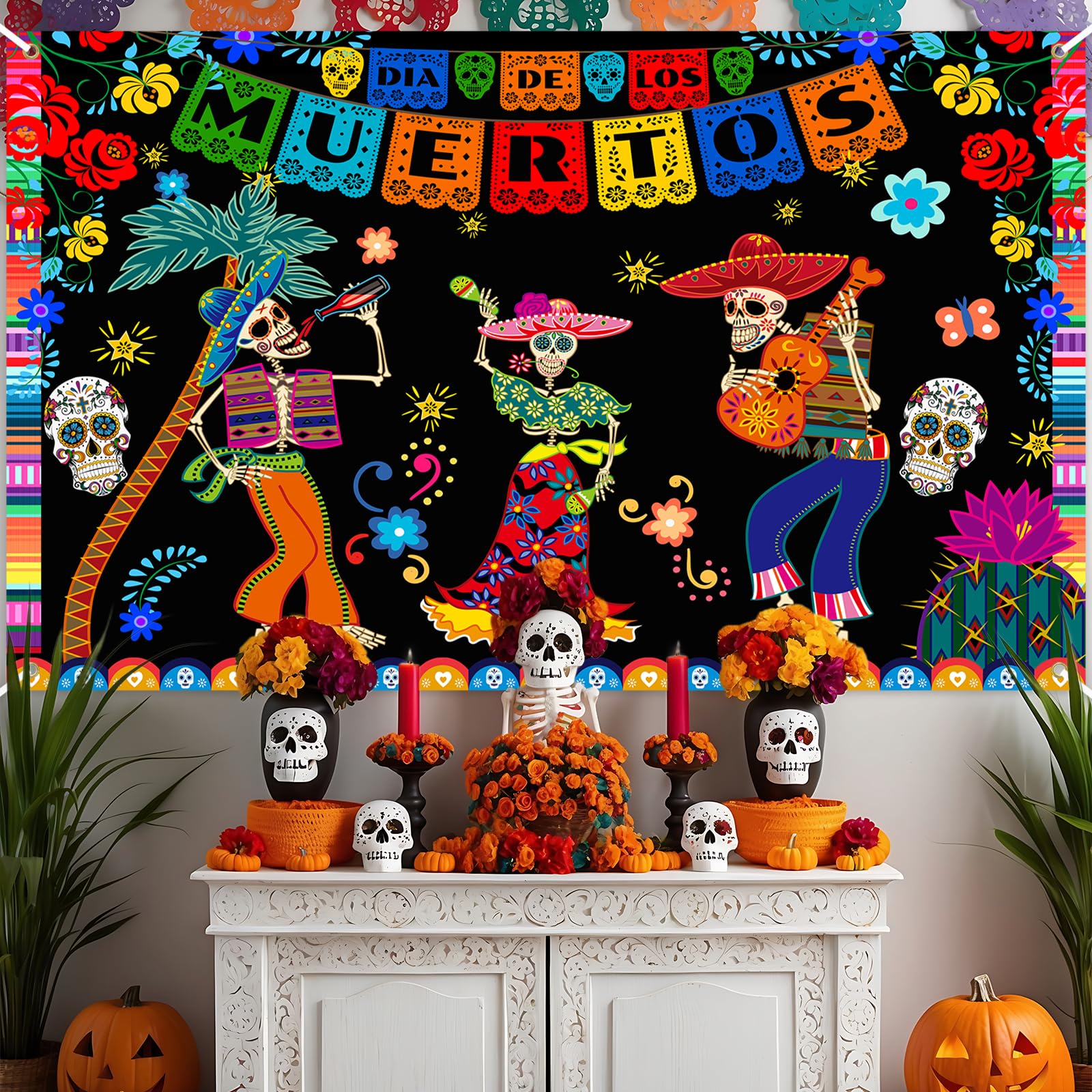 Avezano Day of The Dead Backdrop，70.8 x 43.3 Inch Mexican Dia DE Los Muertos Party Banner, Fiesta Sugar Skull Day of The Dead Banner Party Decorations Supplies