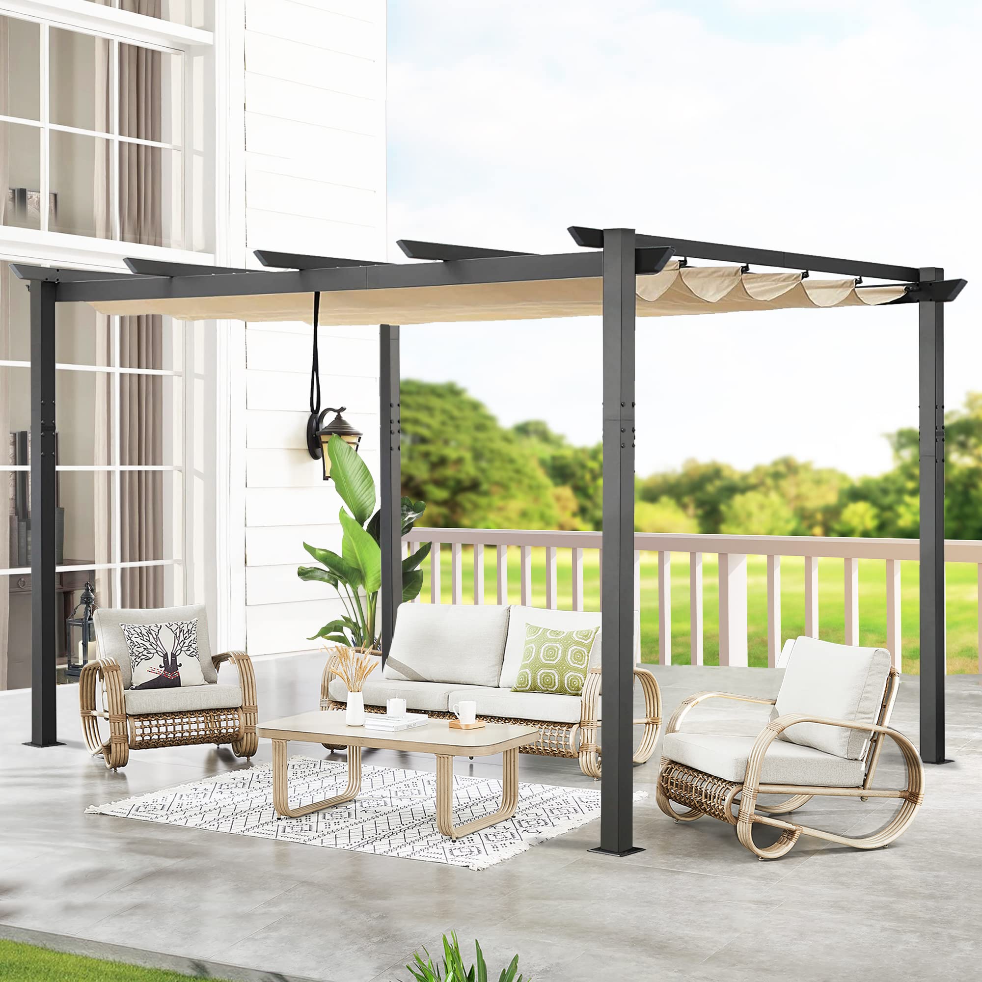 Ulax Furniture Outdoor 10'x13' Extra Large Aluminum Pergola with Sun Shade Gazebo Beige Canopy, UV Resistant Fabric