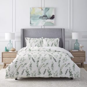 Pointehaven 3 Piece Bedding Duvet Set with Button Closure 250 Thread Count 100% Combed Cotton Green Eucalyptus Printed Duvet Set with Tie-Backs All Season Full/Queen