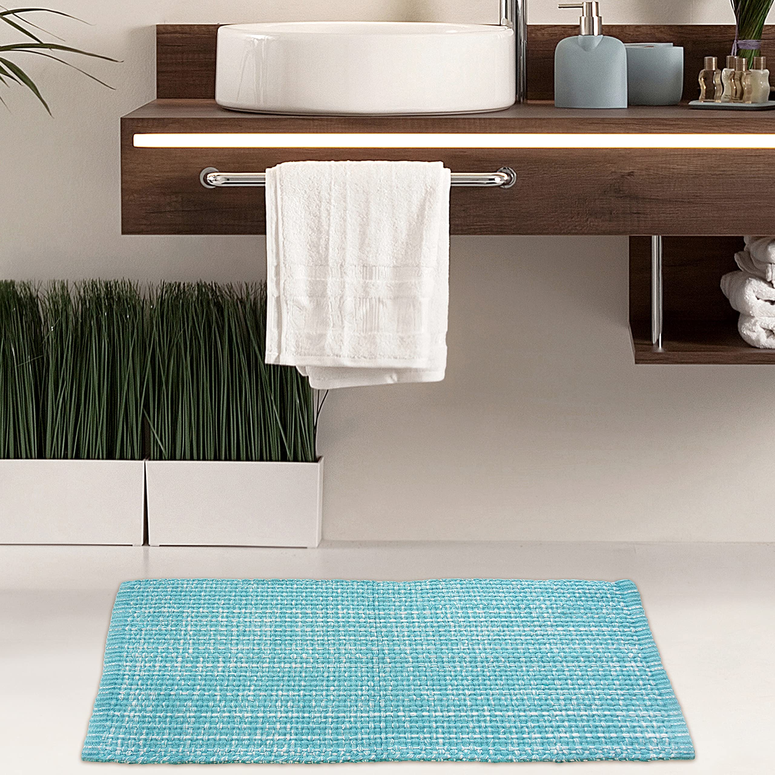 Chardin home Cotton Washable Rug Turquoise and White | 21x34 Bathroom Rug Kitchen entryway | Reversible Handwoven Rug Machine Washable.