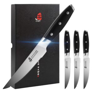 tuo serrated steak knife - 5 inch professional kitchen steak knife set 4 - table dinner knife - german hc stainless steel non slip pakkawood handle - black hawk series including gift box