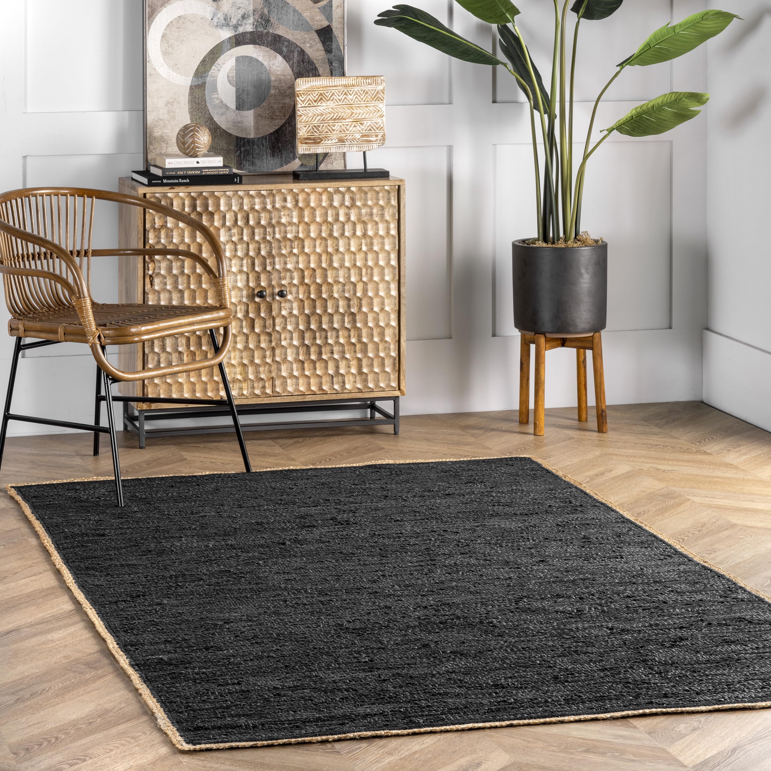 nuLOOM Sabby Hand Woven Leather Flatweave Area Rug, 4x6, Black