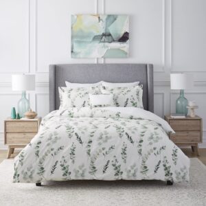 pointehaven 3 piece bedding duvet set with button closure 250 thread count 100% combed cotton green eucalyptus printed duvet set with tie-backs all season full/queen