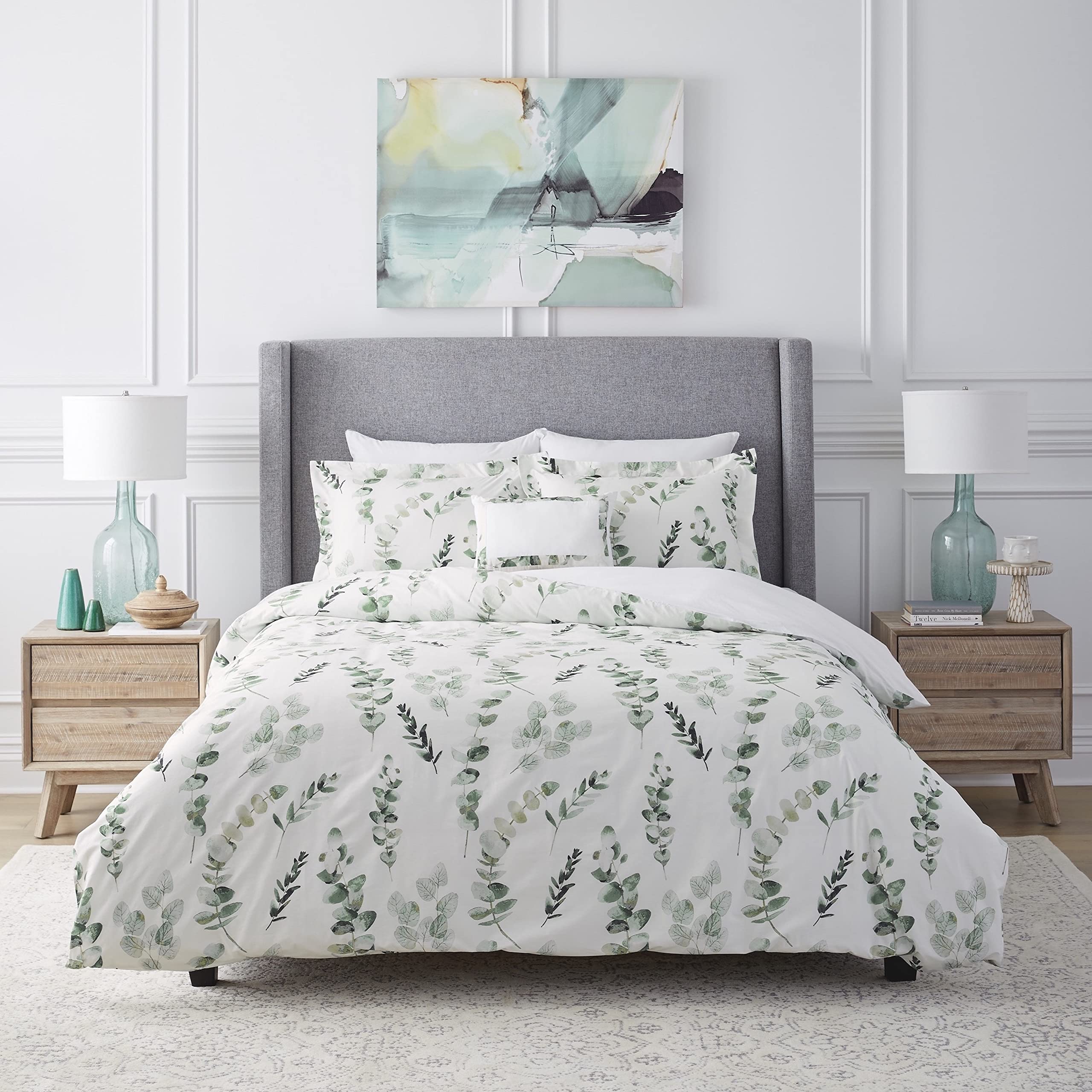 Pointehaven 3 Piece Bedding Duvet Set with Button Closure 250 Thread Count 100% Combed Cotton Green Eucalyptus Printed Duvet Set with Tie-Backs All Season Full/Queen