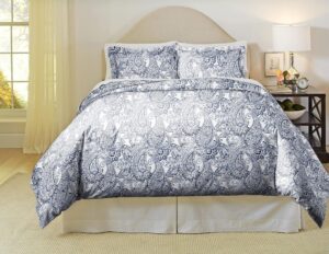 pointehaven 3 piece bedding duvet set with button closure 200 thread count 100% combed cotton boho paisley blue printed duvet set with tie-backs all season full/queen