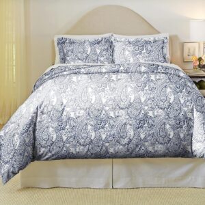 Pointehaven 3 Piece Bedding Duvet Set with Button Closure 200 Thread Count 100% Combed Cotton Boho Paisley Blue Printed Duvet Set with Tie-Backs All Season Full/Queen