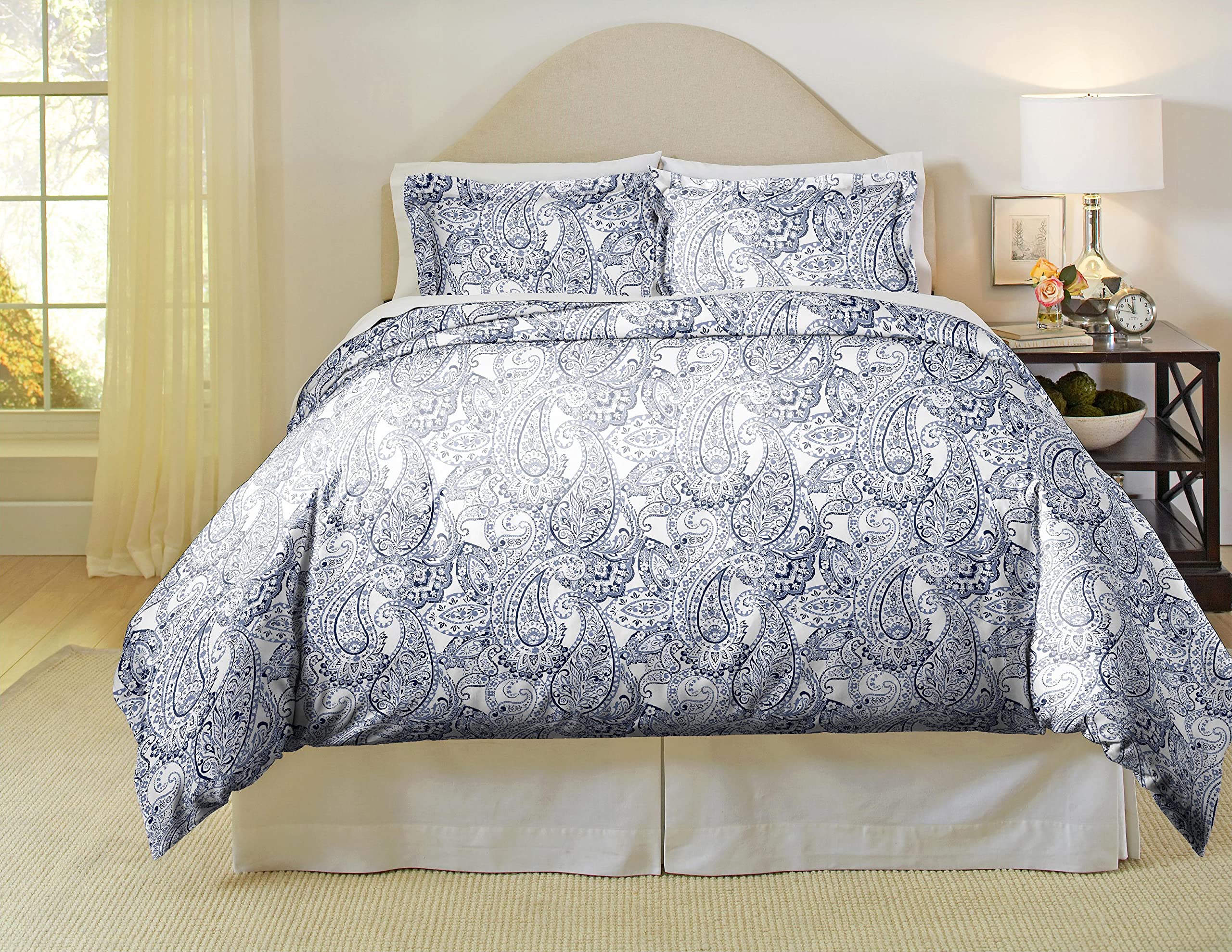 Pointehaven 3 Piece Bedding Duvet Set with Button Closure 200 Thread Count 100% Combed Cotton Boho Paisley Blue Printed Duvet Set with Tie-Backs All Season Full/Queen