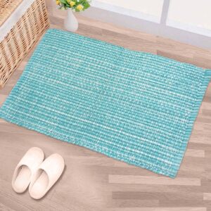 chardin home cotton washable rug turquoise and white | 21x34 bathroom rug kitchen entryway | reversible handwoven rug machine washable.