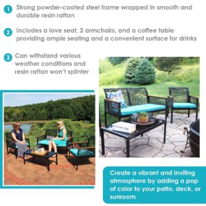 Sunnydaze Coachford 4-Piece Patio Conversation Furniture Set - 1 Loveseat, 2 Chairs and 1 Coffee Table - Thick Blue Cushions