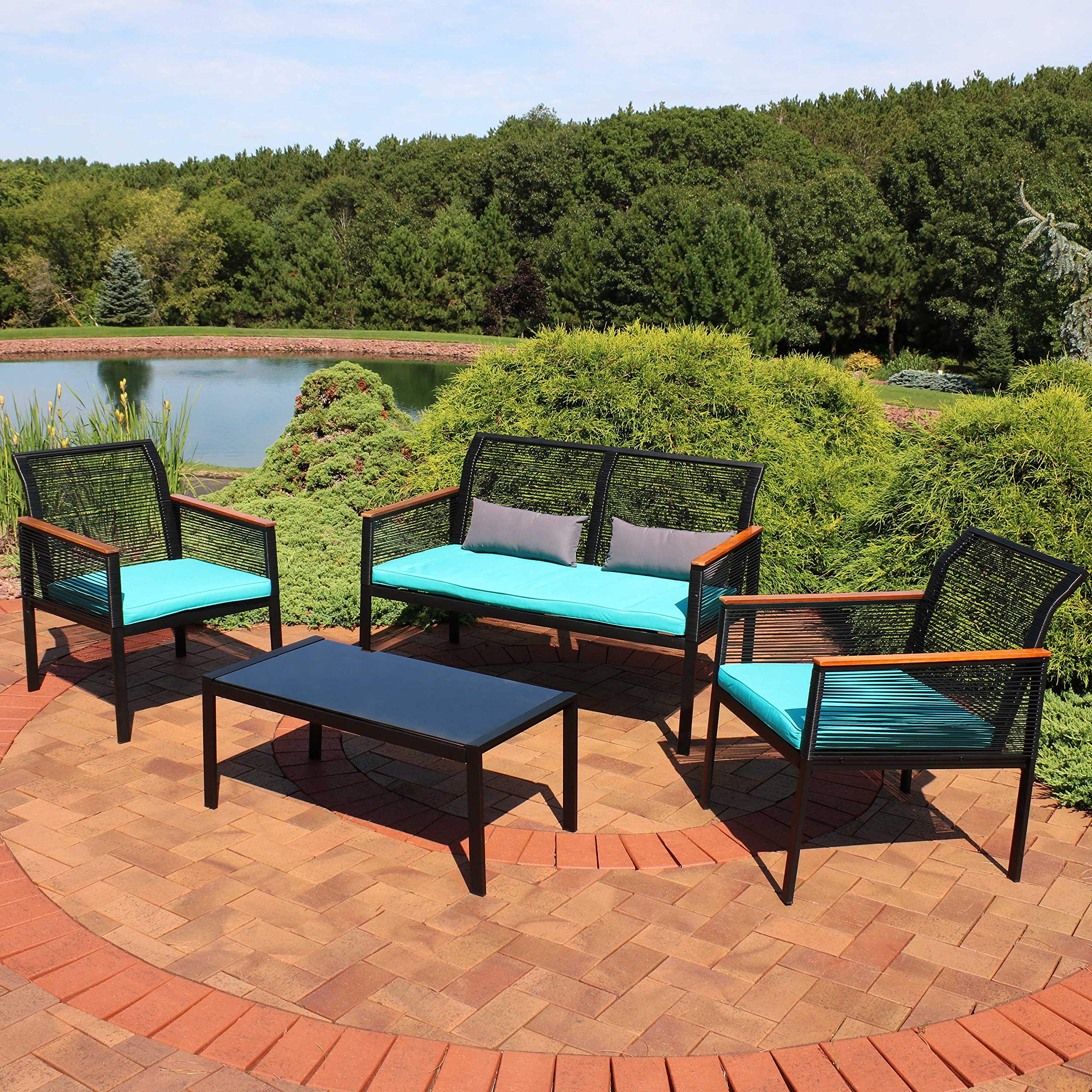 Sunnydaze Coachford 4-Piece Patio Conversation Furniture Set - 1 Loveseat, 2 Chairs and 1 Coffee Table - Thick Blue Cushions