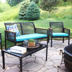 Sunnydaze Coachford 4-Piece Patio Conversation Furniture Set - 1 Loveseat, 2 Chairs and 1 Coffee Table - Thick Blue Cushions