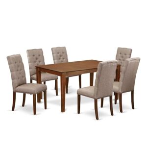 east west furniture cael7-mah-16 7 piece dining room table set consist of a rectangle wooden table and 6 dark khaki linen fabric upholstered parson chairs, 36x60 inch, mahogany