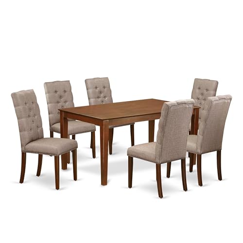 East West Furniture CAEL7-MAH-16 7 Piece Dining Room Table Set Consist of a Rectangle Wooden Table and 6 Dark Khaki Linen Fabric Upholstered Parson Chairs, 36x60 Inch, Mahogany