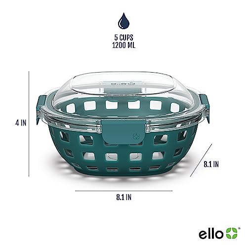 Ello DuraGlass Food Storage Glass Lunch Bowl Container - Meal Prep Container with Silicone Sleeve and Airtight Lid, 5 Cup, Teal