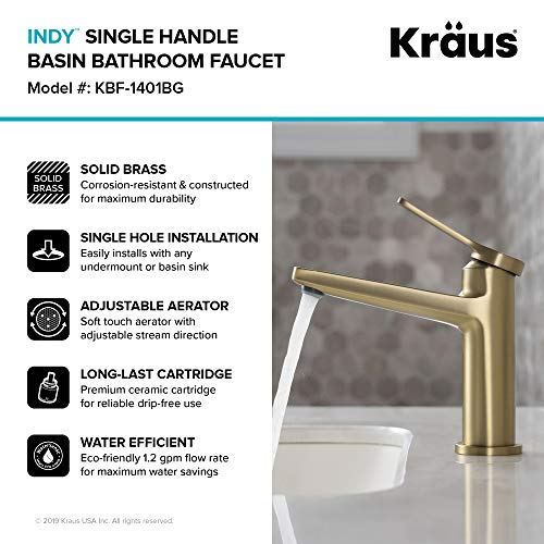 KRAUS Indy Single Handle Basin Bathroom Faucet in Brushed Gold, KBF-1401BG (2-Pack)