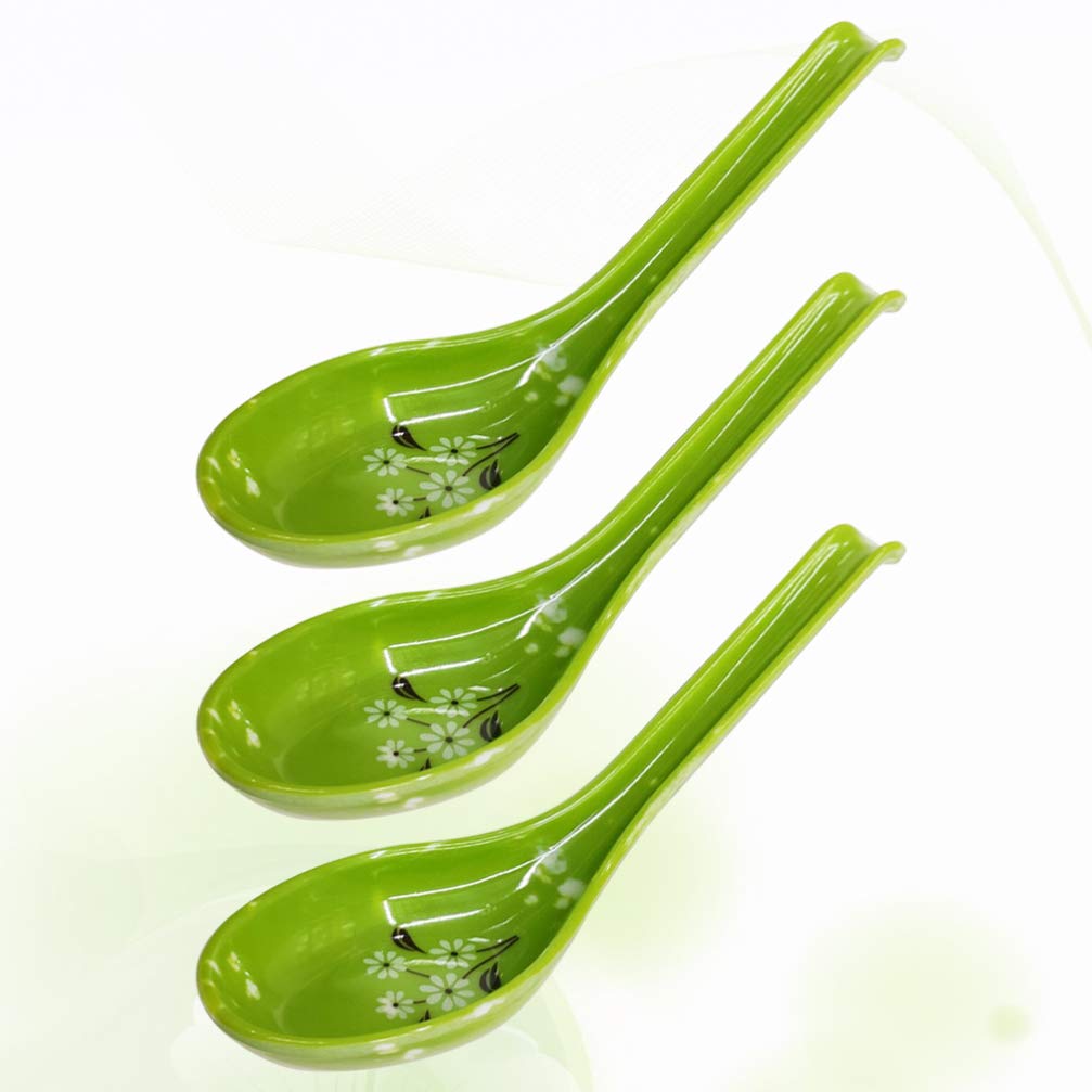 Hemoton Soup Spoons, 3pcs Japanese Style Melamine Spoons Rice Spoons with Hook, Chinese Asian Soup Spoons With Long Handle for Restaurants, Food shops, Catering Halls (Green)