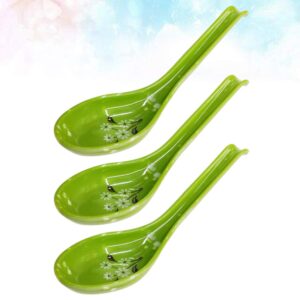 Hemoton Soup Spoons, 3pcs Japanese Style Melamine Spoons Rice Spoons with Hook, Chinese Asian Soup Spoons With Long Handle for Restaurants, Food shops, Catering Halls (Green)